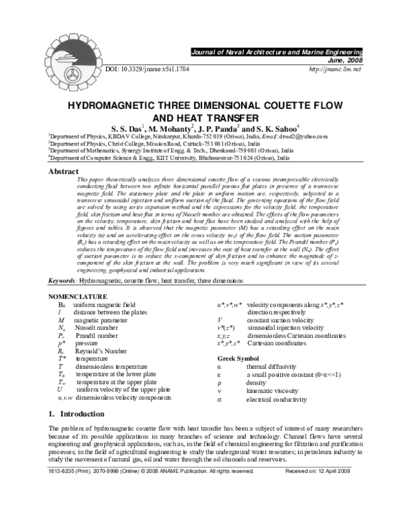 (PDF) Hydromagnetic Three Dimensional Couette Flow and Heat Transfer | jagyanseni panda ...