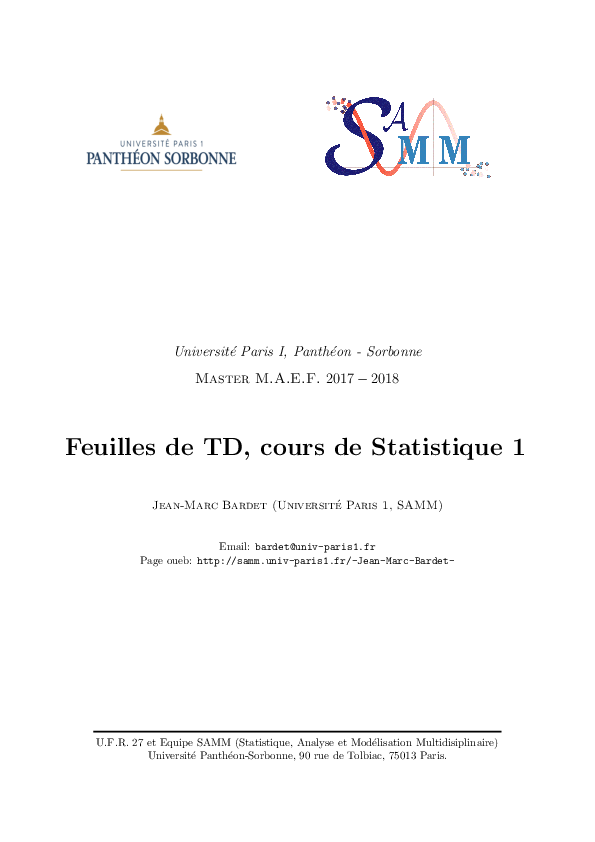 (PDF) Feuilles de TD, cours de Statistique 1