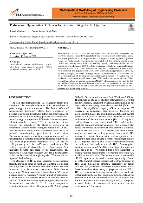 Pdf Performance Optimization Of Thermoelectric Cooler Using Genetic Algorithm Pawan Nain