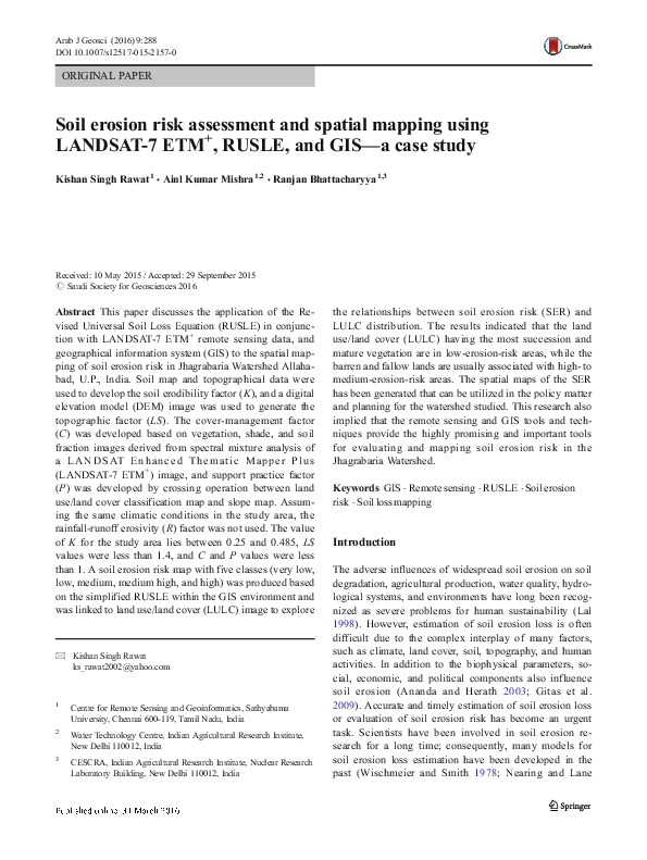 (PDF) Soil erosion risk assessment and spatial mapping using LANDSAT-7 ETM+, RUSLE, and GIS—a ...