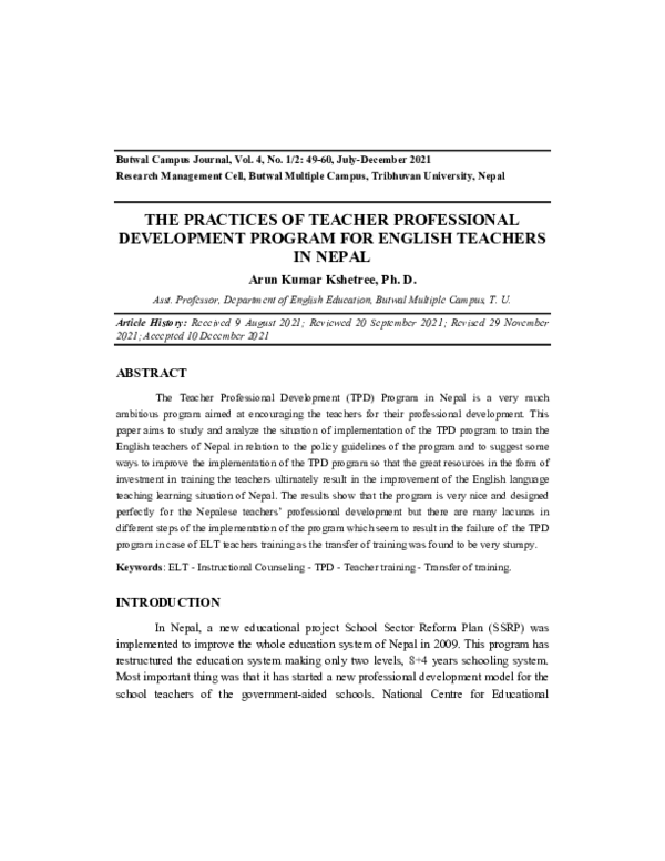 (PDF) The Practices of Teacher Professional Development Program for English Teachers in Nepal