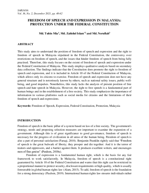 (PDF) FREEDOM OF SPEECH AND EXPRESSION IN MALAYSIA: PROTECTION UNDER THE FEDERAL CONSTITUTION