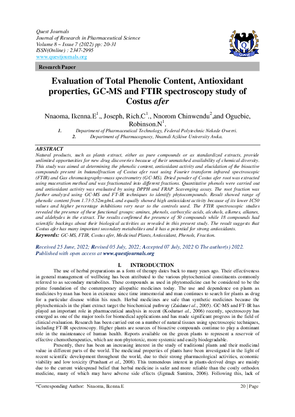 (PDF) Evaluation of Total Phenolic Content, Antioxidant properties, GC-MS and FTIR spectroscopy ...