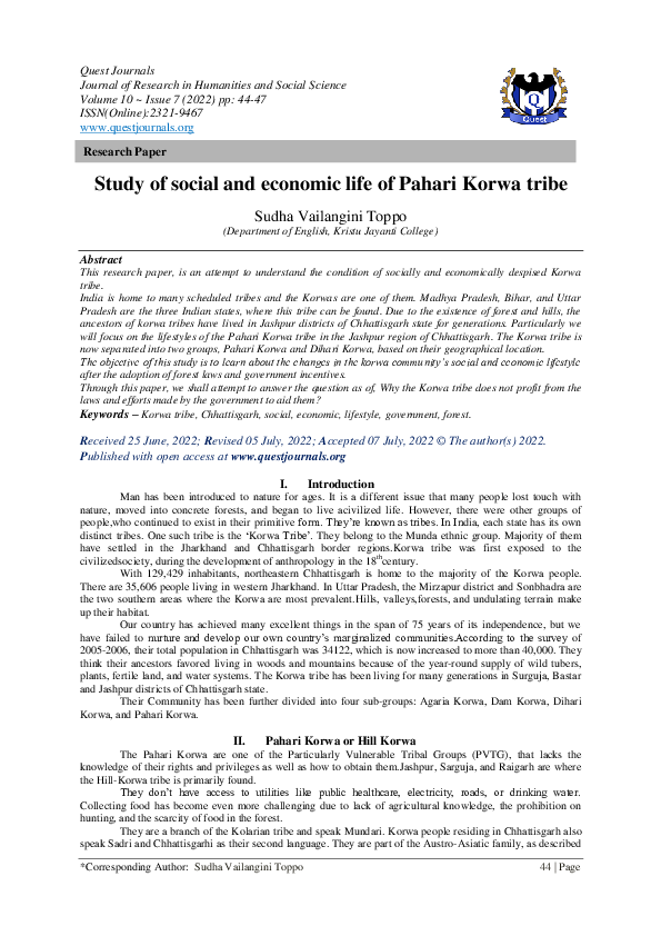 (PDF) Study of social and economic life of Pahari Korwa tribe
