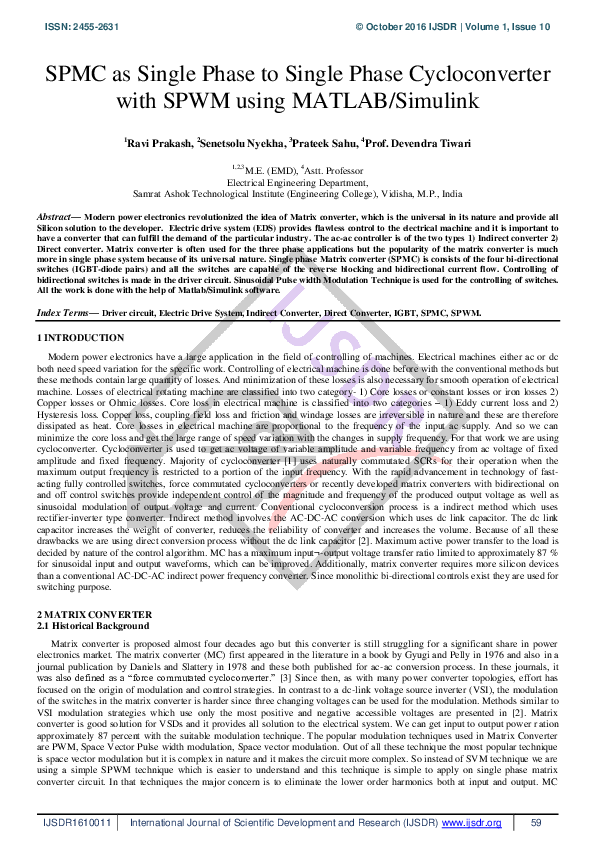 (PDF) SPMC as Single Phase to Single Phase Cycloconverter with SPWM using MATLAB/Simulink