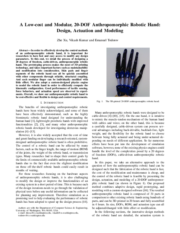(PDF) A low-cost and modular, 20-DOF anthropomorphic robotic hand: design, actuation and modeling
