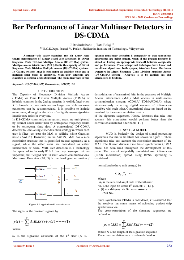 Pdf Ber Performance Of Linear Multiuser Detectors In Ds Cdma