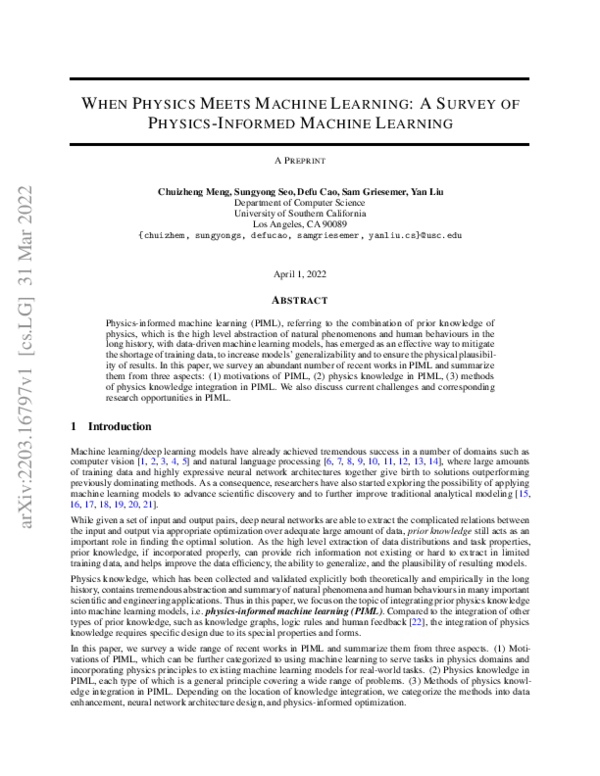 Pdf When Physics Meets Machine Learning A Survey Of Physics Informed