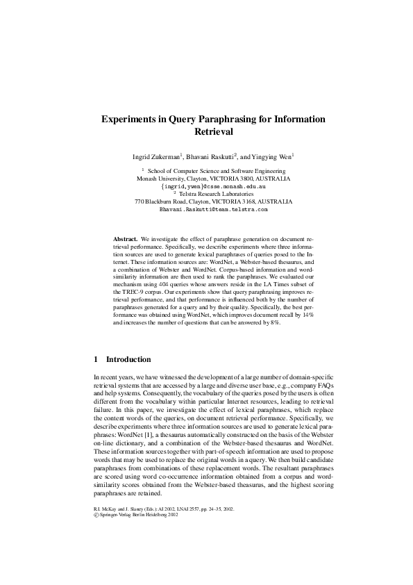 (PDF) Experiments in Query Paraphrasing for Information Retrieval