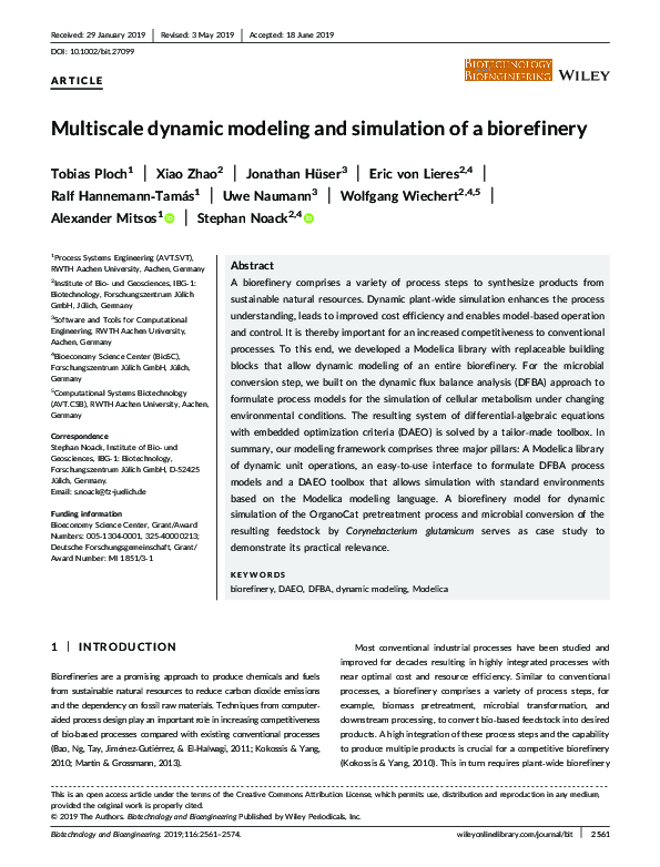 (PDF) Multiscale dynamic modeling and simulation of a biorefinery | Eric von Lieres - Academia.edu