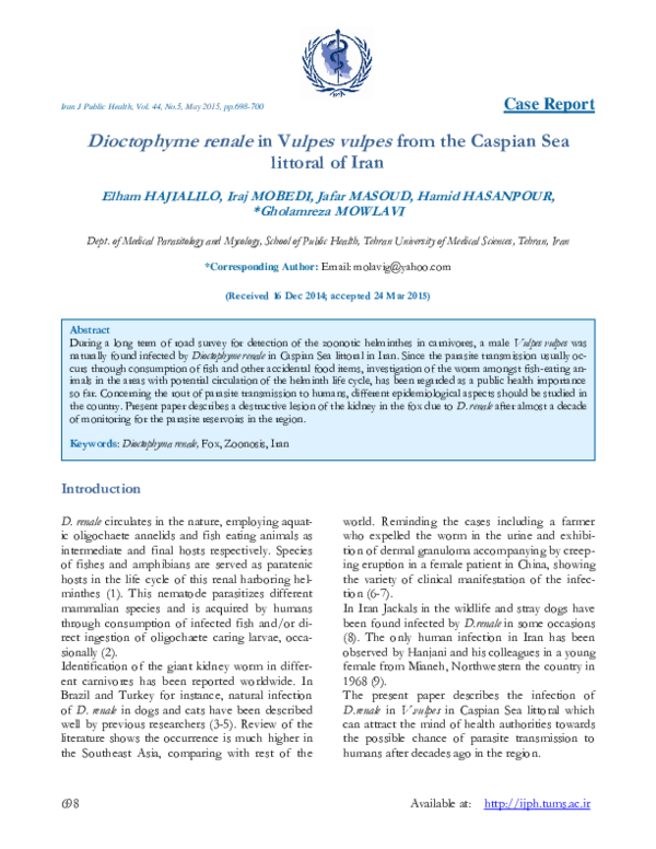 (PDF) Case Report Dioctophyme renale in Vulpes vulpes from the Caspian ...