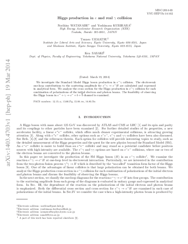 (PDF) Higgs production in e and real γ collision | Yoshimasa Kurihara ...