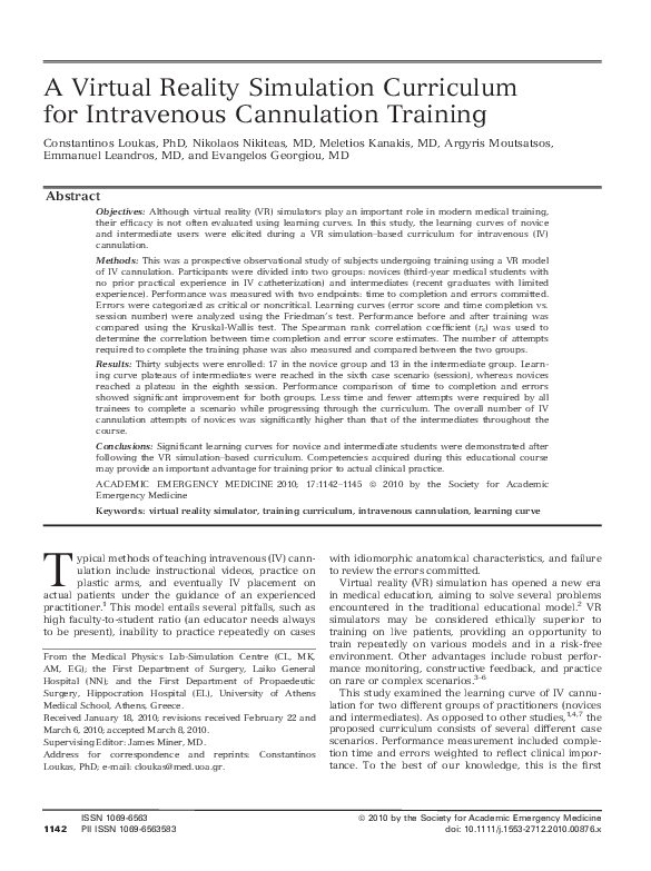 Pdf A Virtual Reality Simulation Curriculum For Intravenous Cannulation Training