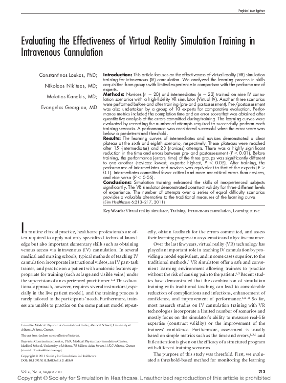 (PDF) Evaluating the effectiveness of virtual reality simulation training in intravenous cannulation