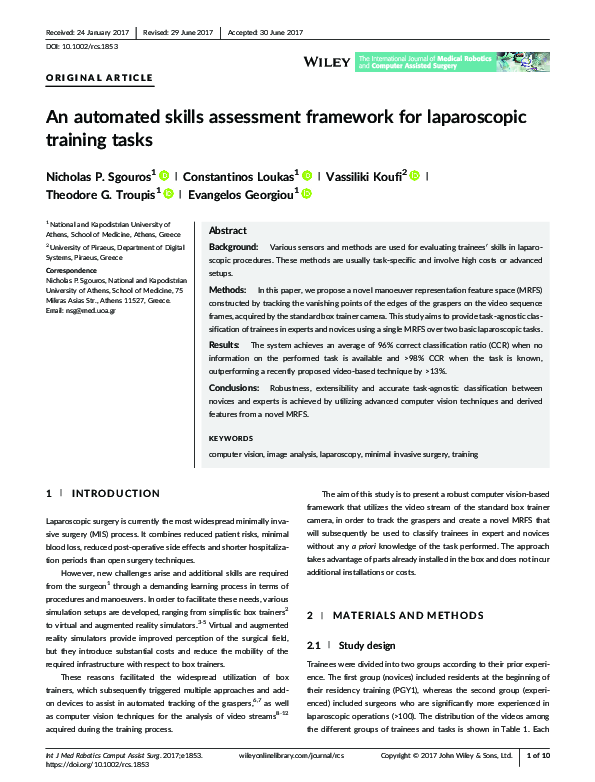 (PDF) An automated skills assessment framework for laparoscopic training tasks