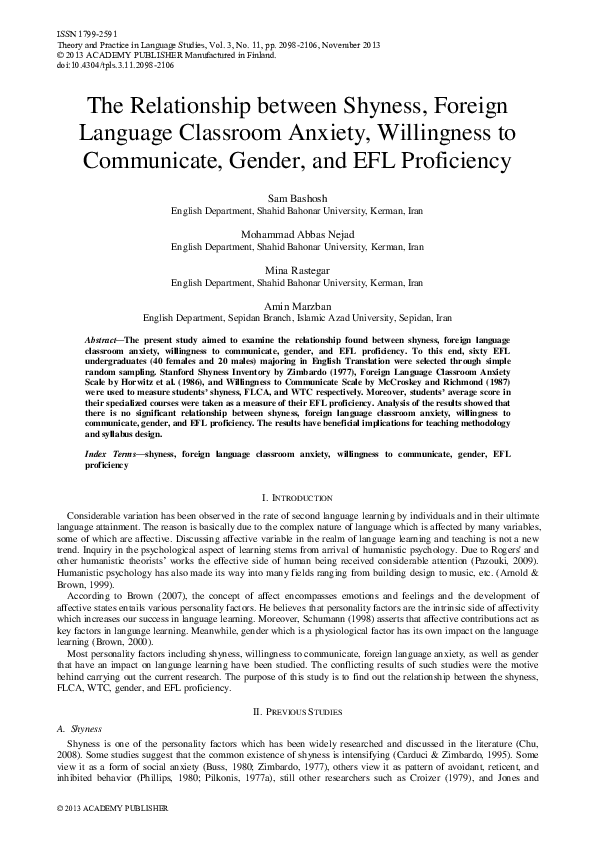 (PDF) The Relationship between Shyness, Foreign Language Classroom ...