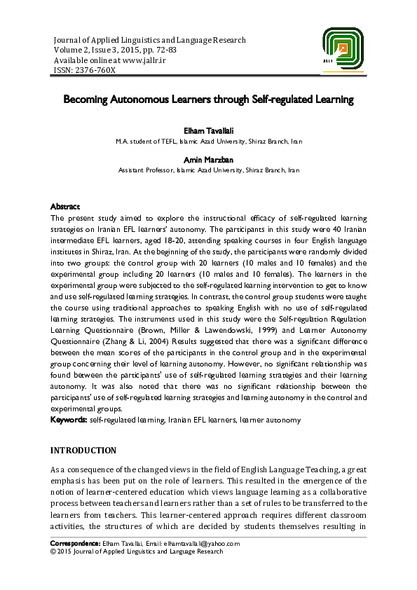 (PDF) Becoming Autonomous Learners through Self-regulated Learning