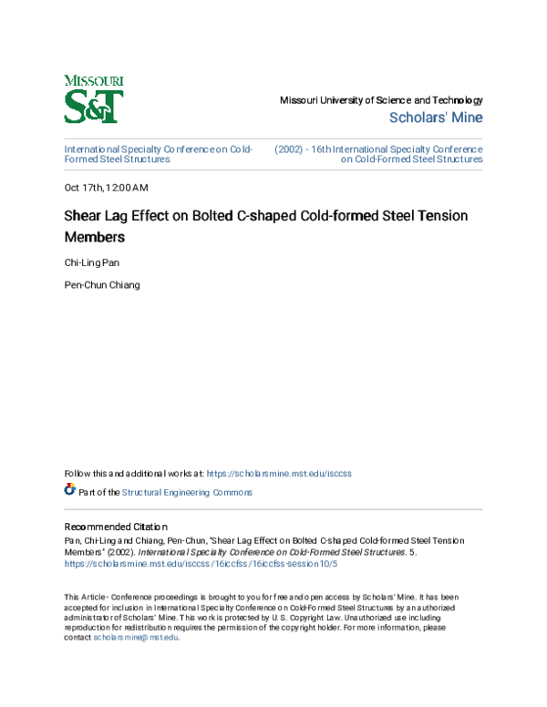 (PDF) Shear Lag Effect on Bolted C-shaped Cold-formed Steel Tension Members (PDF) Shear Lag Effect on Bolted C-shaped Cold-formed Steel Tension Members