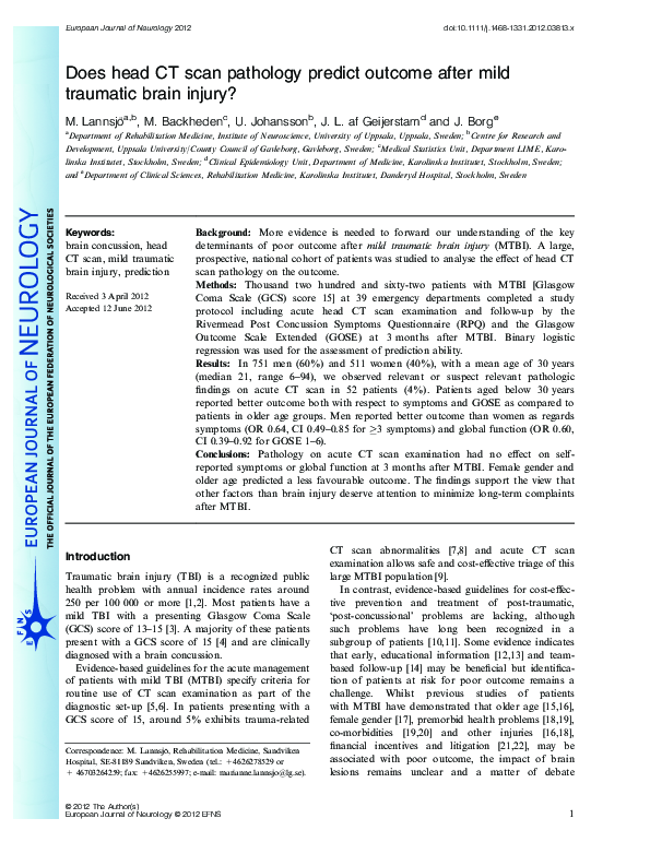 (PDF) Does head CT scan pathology predict outcome after mild traumatic ...