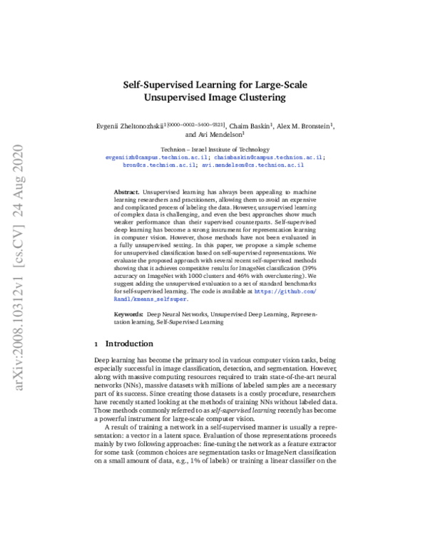 (PDF) Self-Supervised Learning for Large-Scale Unsupervised Image Clustering | Avi Mendelson ...