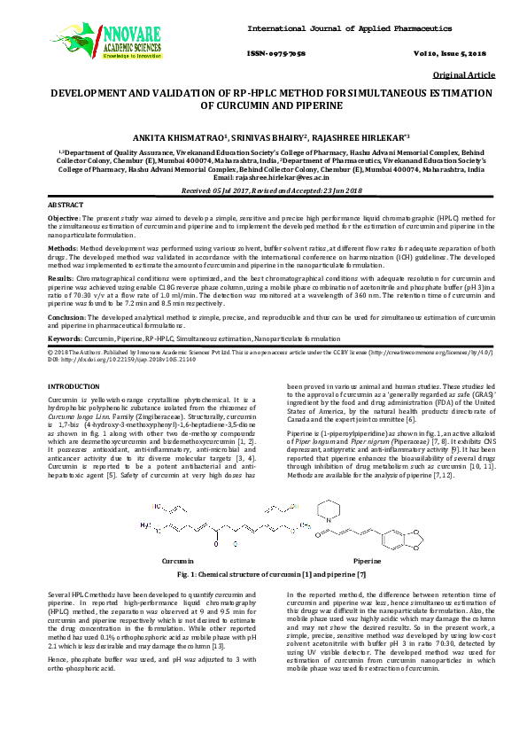 Pdf Development And Validation Of Rp Hplc Method For Simultaneous Estimation Of Curcumin And