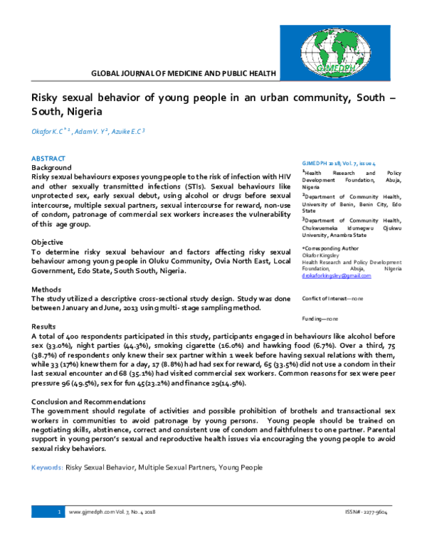 (PDF) Risky sexual behavior of young people in an urban community, South -South, Nigeria