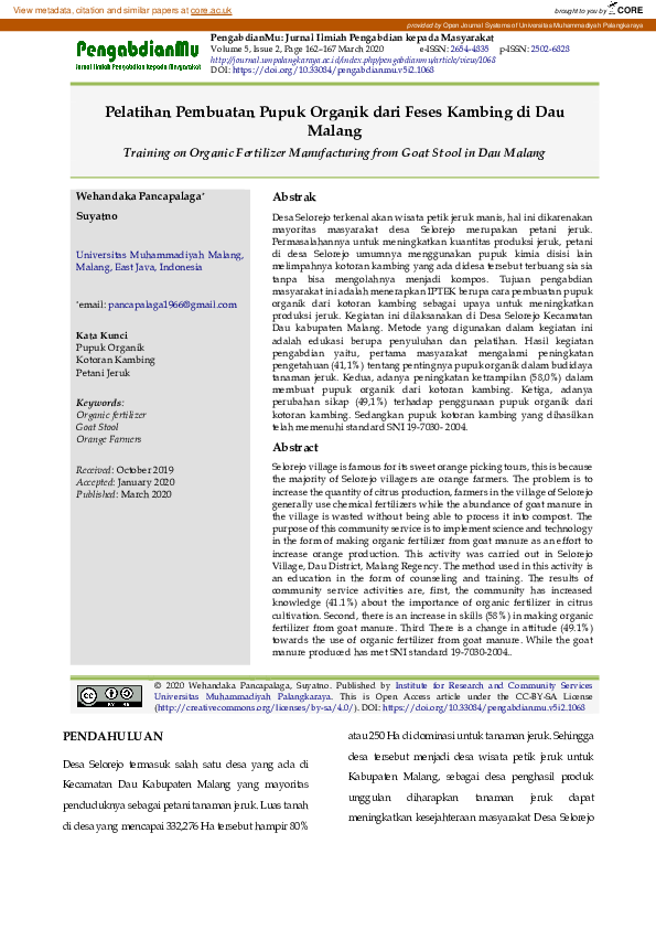 (PDF) Pelatihan Pembuatan Pupuk Organik dari Feses Kambing di Dau Malang | Wehandaka Pancapalaga ...