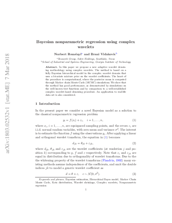 Pdf Bayesian Nonparametric Regression Using Complex Wavelets Norbert Remenyi