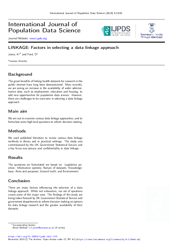 (PDF) LINKAGE: Factors in selecting a data linkage approach | David ...