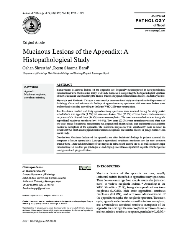 (PDF) Mucinous lesions of the appendix: a histopathological study