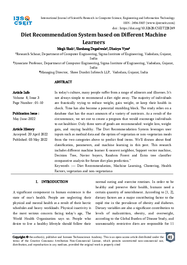 (PDF) Diet Recommendation System based on Different Machine Learners