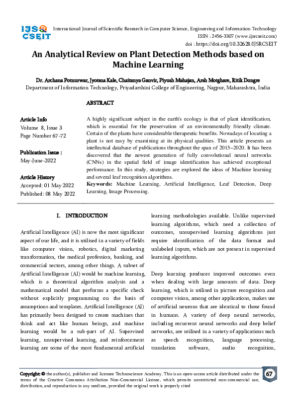 Pdf An Analytical Review On Plant Detection Methods Based On Machine Learning