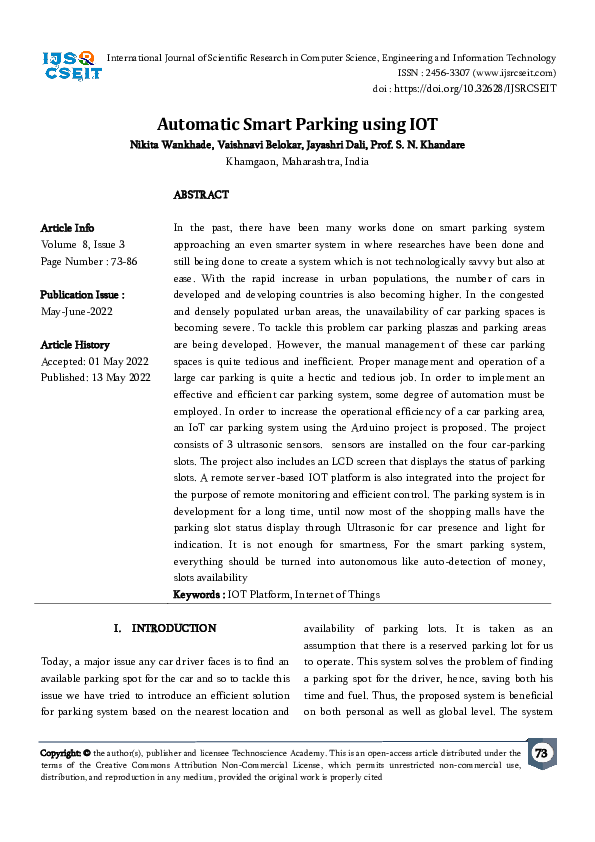 (PDF) Automatic Smart parking using IOT | International Journal of ...