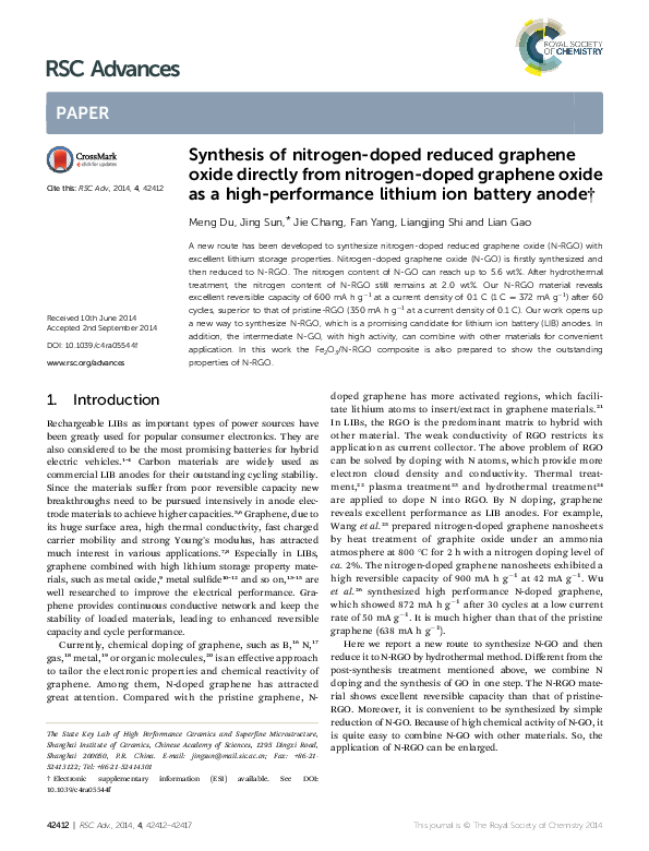 (PDF) Synthesis of nitrogen-doped reduced graphene oxide directly from ...
