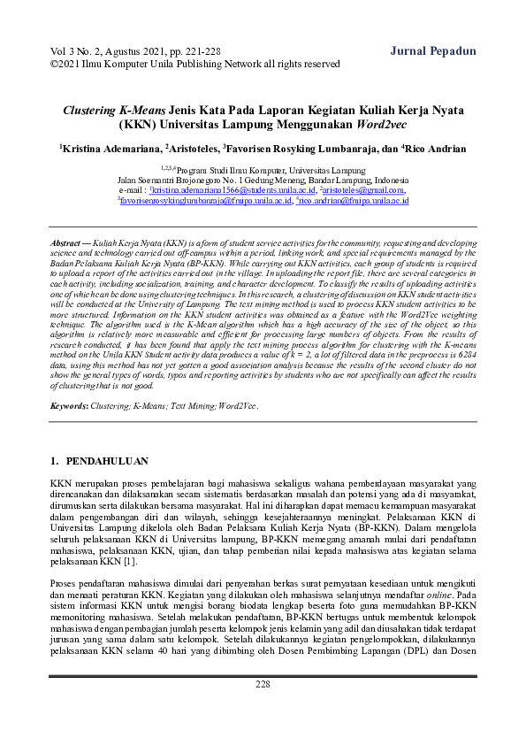 (PDF) Clustering K-Means Jenis Kata Pada Laporan Kegiatan Kuliah Kerja Nyata (KKN) Universitas ...
