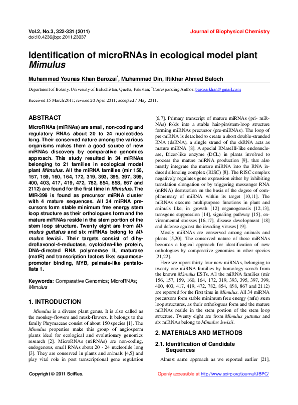 (PDF) Identification of microRNAs in ecological model plant Mimulus