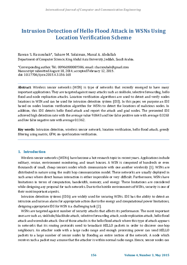 Pdf Intrusion Detection Of Hello Flood Attack In Wsns Using Location Verification Scheme