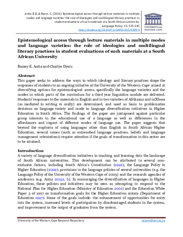 (PDF) Epistemological access through lecture materials in multiple modes and language varieties ...