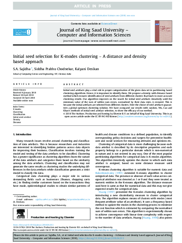 (PDF) Initial seed selection for K-modes clustering – A distance and density based approach