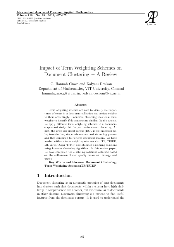 (PDF) Impact of Term Weighting Schemes on Document Clustering − A Review | Kalyani Desikan ...