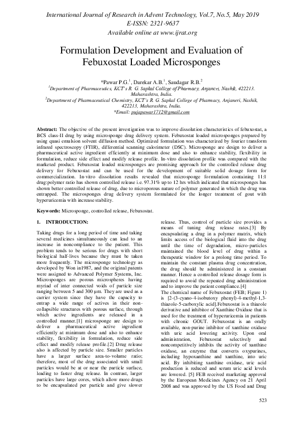 (PDF) Formulation, Development and Evaluation of Febuxostat Loaded Microsponges