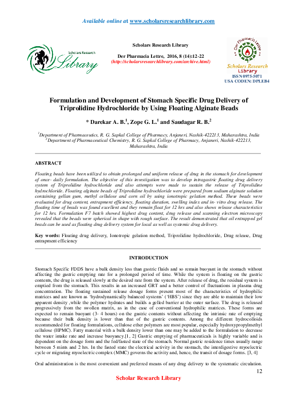Pdf Formulation And Development Of Stomach Specific Drug Delivery Oftriprolidine Hydrochloride