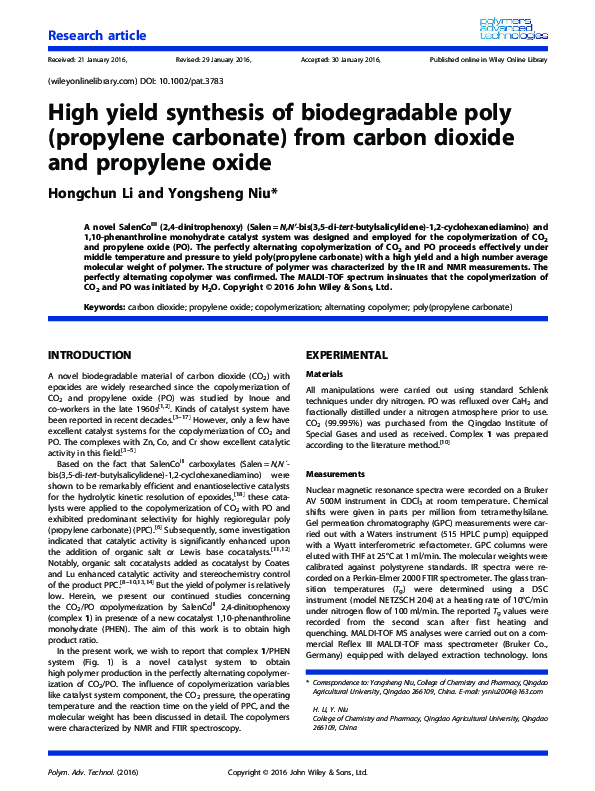 (PDF) High yield synthesis of biodegradable poly(propylene carbonate) from carbon dioxide and ...