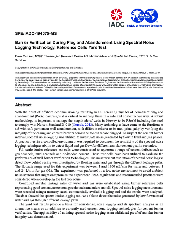 Pdf Speiadc 194075 Ms Barrier Verification During Plug And Abandonment Using Spectral Noise