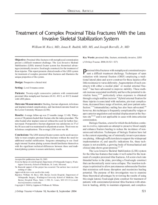(PDF) Treatment of Complex Proximal Tibia Fractures With the Less ...