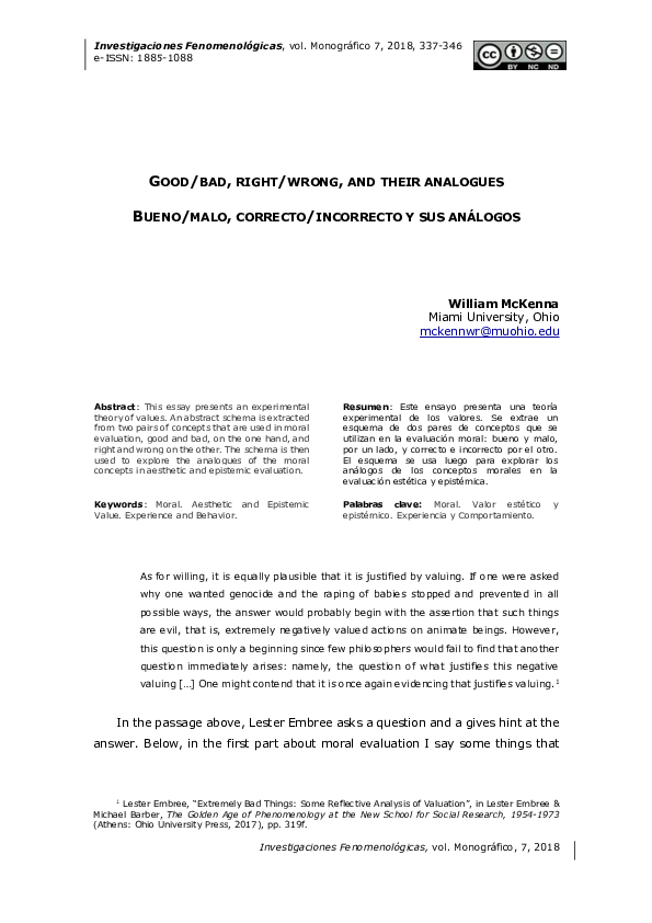 (PDF) Good/Bad, Right/Wrong, and their Analogues