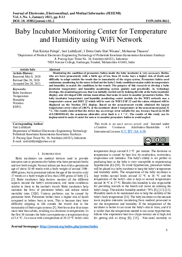 (PDF) Baby Incubator Monitoring Center for Temperature and Humidity using WiFi Network