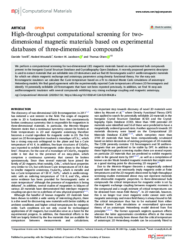 (PDF) High-throughput computational screening for two-dimensional magnetic materials based on ...