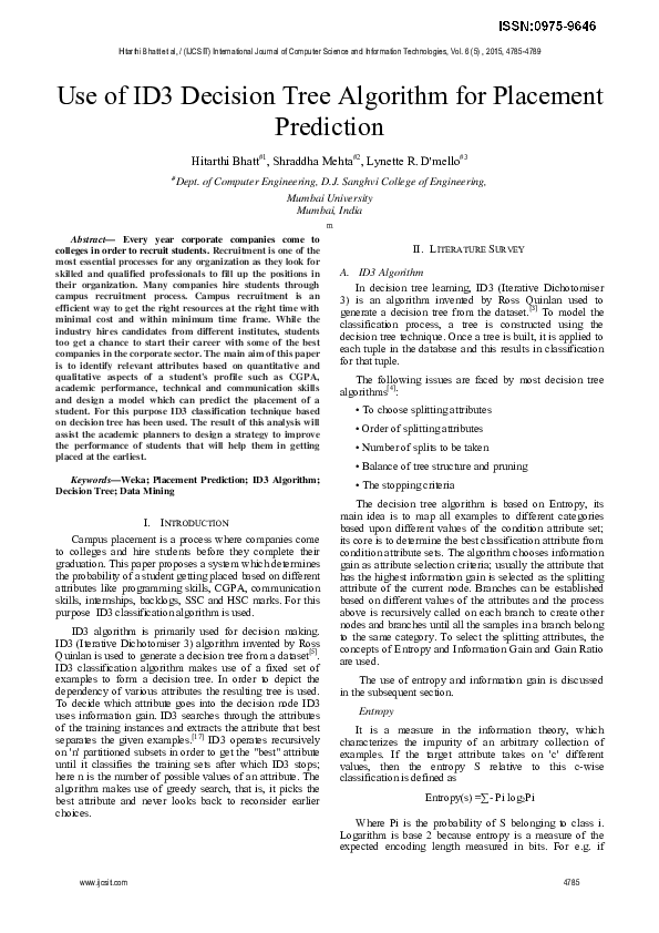 Pdf Use Of Id 3 Decision Tree Algorithm For Placement Prediction