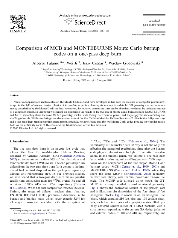 (PDF) Comparison of MCB and MONTEBURNS Monte Carlo burnup codes on a ...
